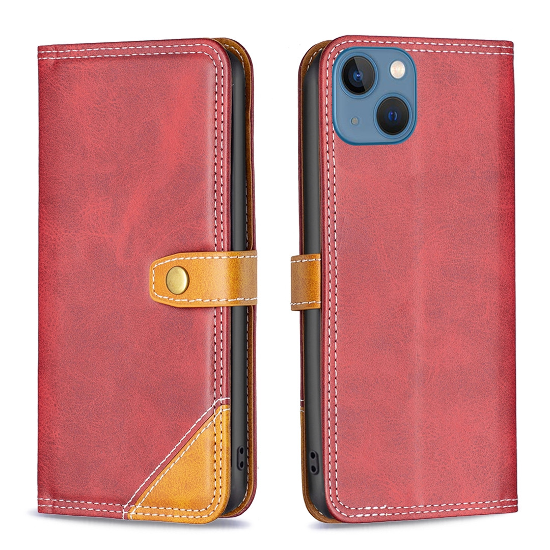 iPhone 13 Color Matching Double Sewing Thread Leather Case - Red