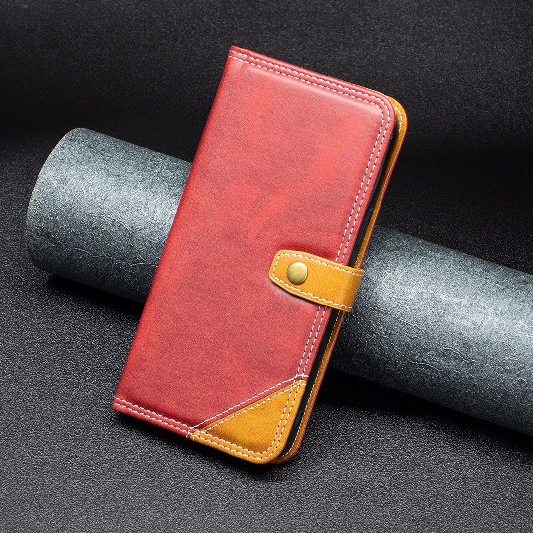 iPhone 13 Color Matching Double Sewing Thread Leather Case - Red