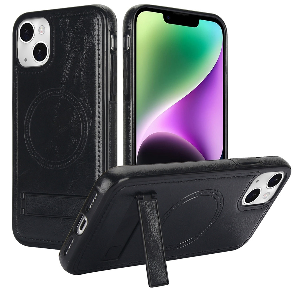 iPhone 13 Retro Leather Invisible Stand MagSafe Phone Case - Black