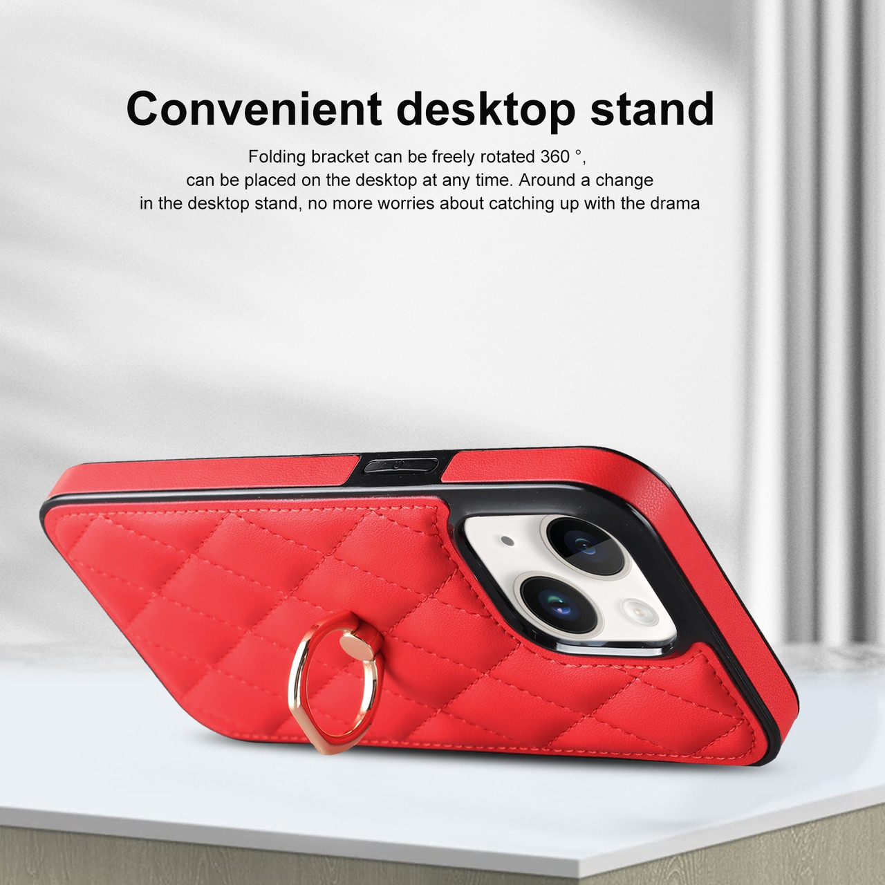 iPhone 13 mini Rhombic PU Leather Phone Case with Ring Holder - Red