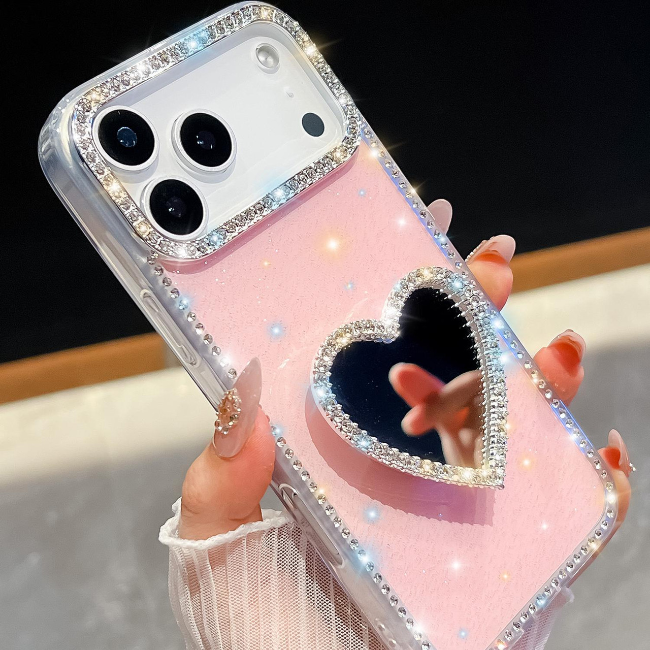 iPhone 17 Pro Max Diamond Glitter Mirror Heart Holder Phone Case ...