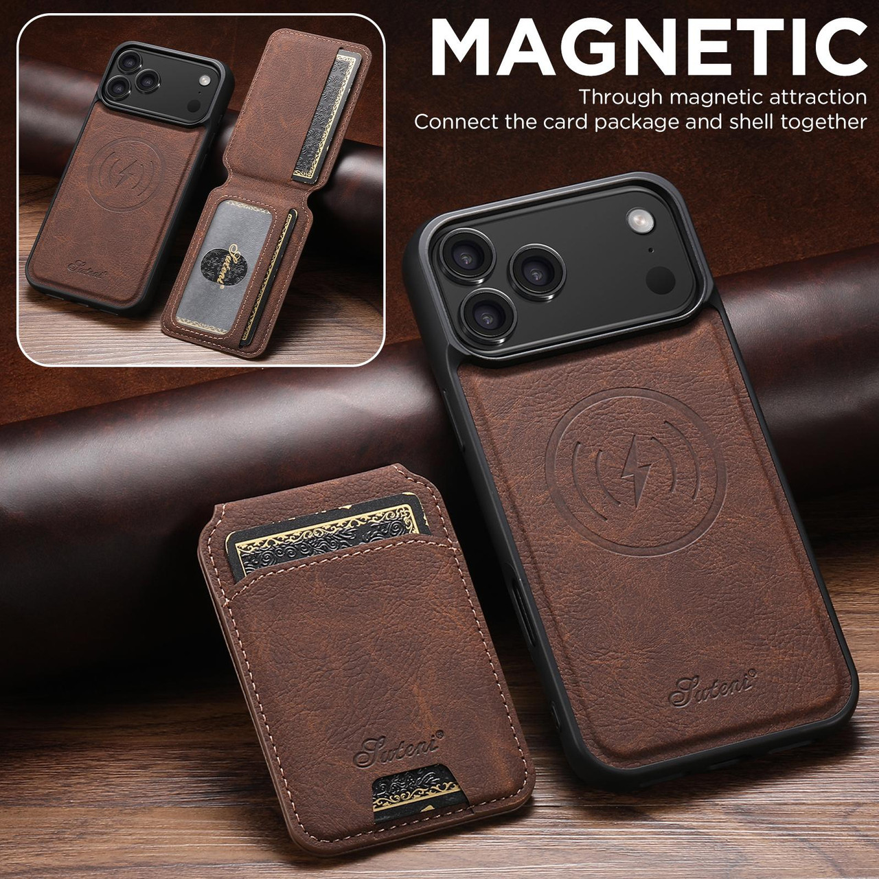iPhone 17 Pro Suteni H16 Litchi Texture Leather Detachable Wallet Back ...
