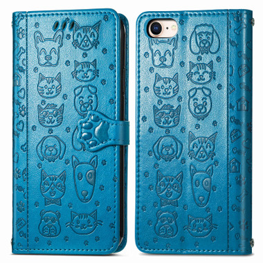 iPhone 16e Cat and Dog Embossed Leather Phone Case - Blue