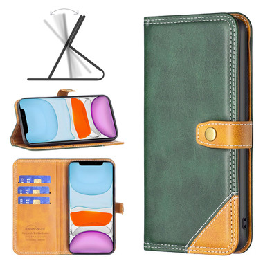 iPhone 11 Color Matching Double Sewing Thread Leather Case - Green