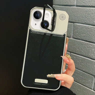 iPhone 13 Metal Holder Plain Leather MagSafe Phone Case - Black