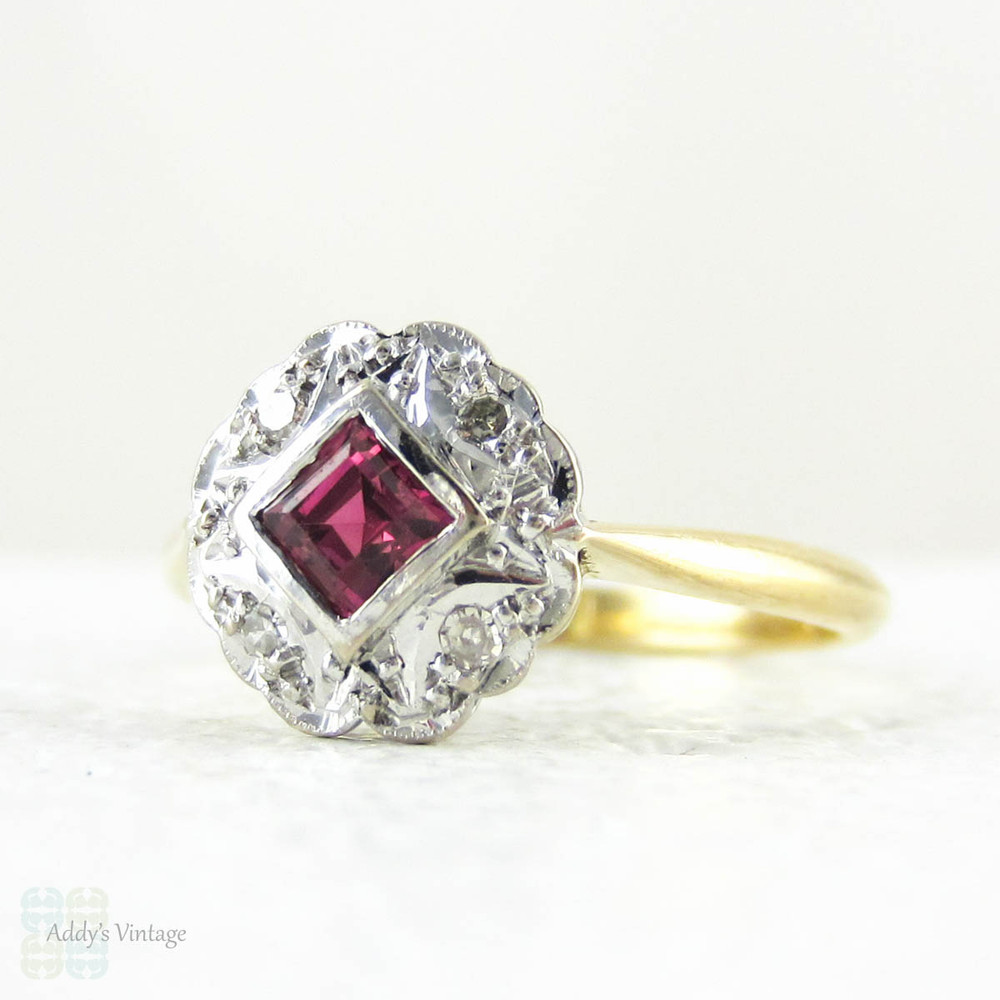 Art Deco Ruby & Diamond Engagement Ring, Square Shape Pinkish Red Step ...