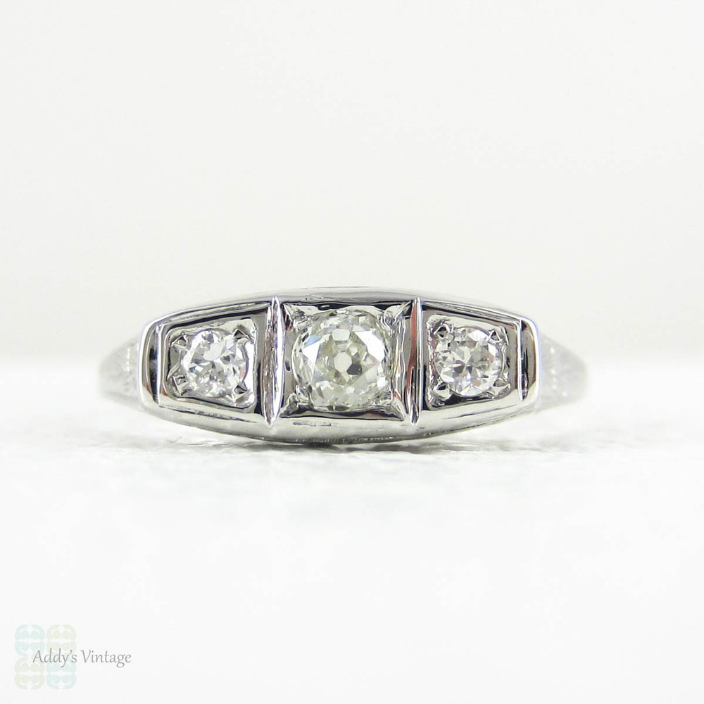 Vintage Trilogy Diamond Engagement Ring, Engraved Orange Blossom Design ...