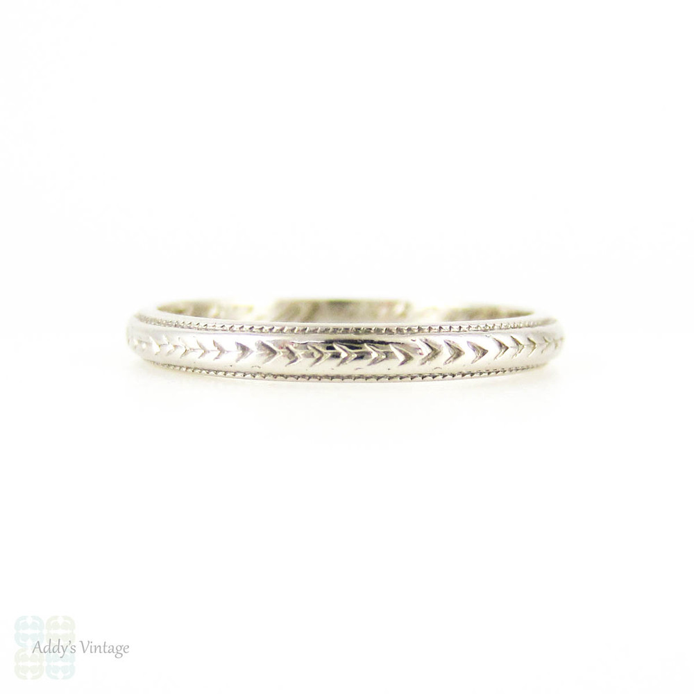 Art Deco Engraved Platinum Wedding Ring, Narrow Ladies Chevron ...