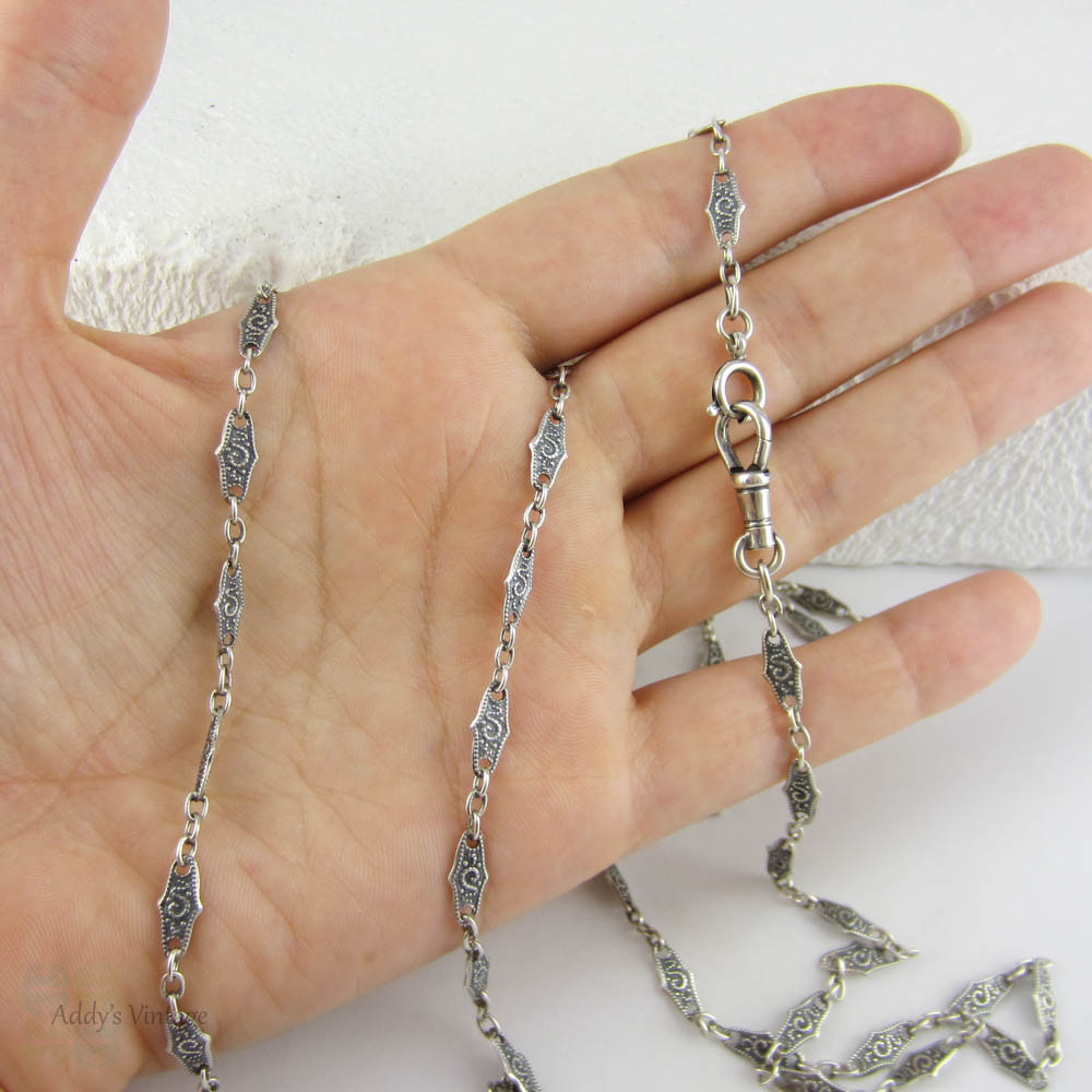 Antique Long German Silver Chain. Detailed Oblong Links with Beaded ...