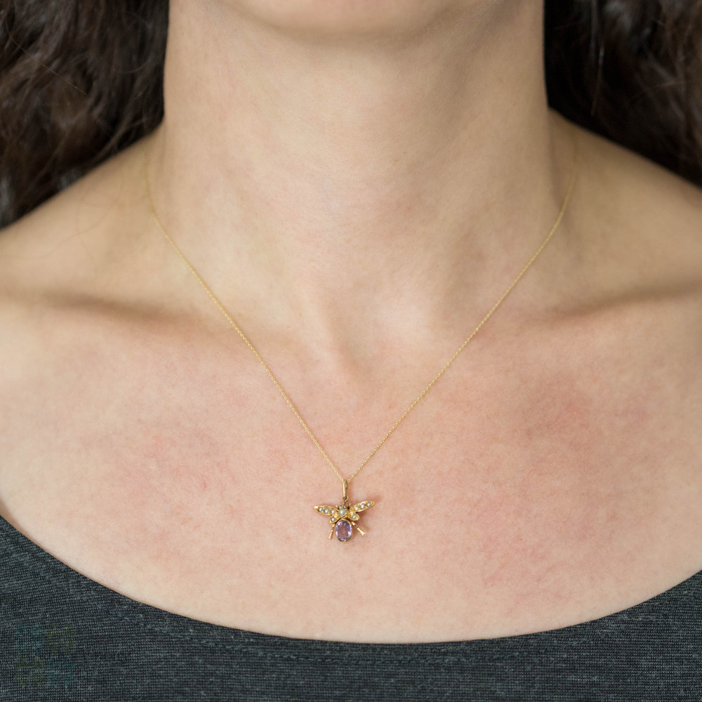Antique Fly Pendant, Amethyst & Cultured Pearl Bug 9ct 9k Yellow Gold ...