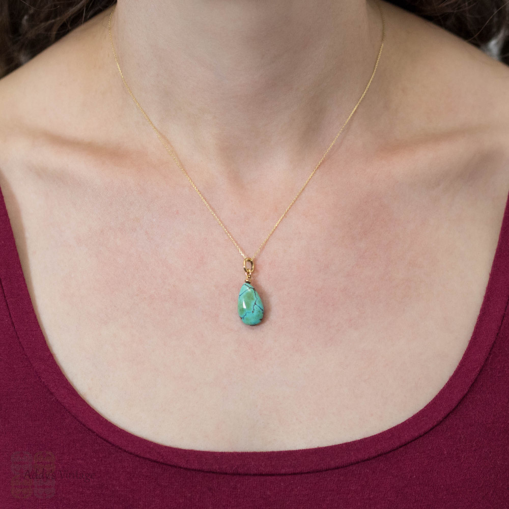 Antique Turquoise Teardrop Shape 9ct 9k Gold Pendant. - Addy's Vintage