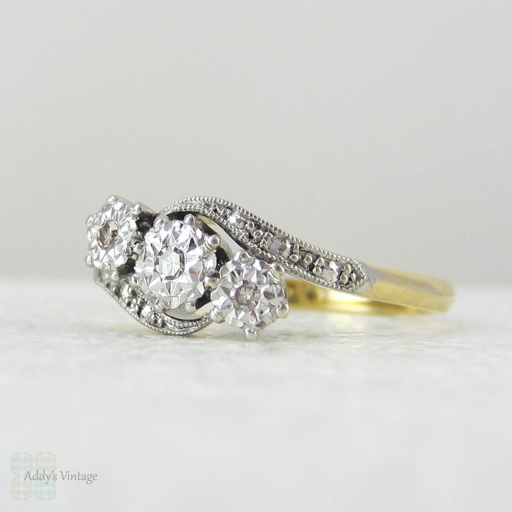 1930s Twist Trilogy Diamond Engagement Ring, Three Stone Bypass Design ...