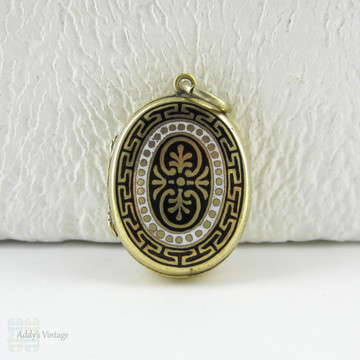 Vintage Locket with Geometric Enamel Design in Black & White. Brass ...