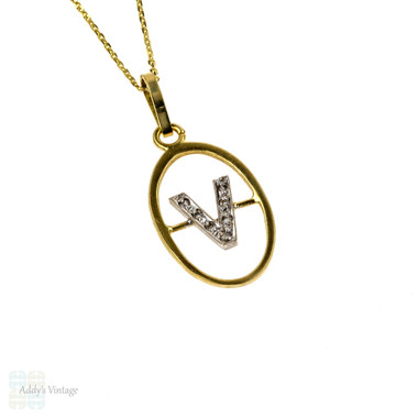 Vintage 18k Gold V Charm, Diamond Initial Pendant, Circa 1970s on 9ct ...