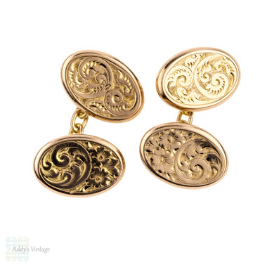 Victorian Cuff Links, 9ct 9k Gold Antique Engraved Leaf Foliate Design ...