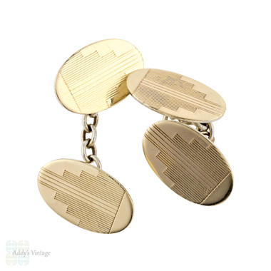 Vintage Two Tone Cuff Links, 9ct 9k Yellow Gold on Silver Engine Turned ...