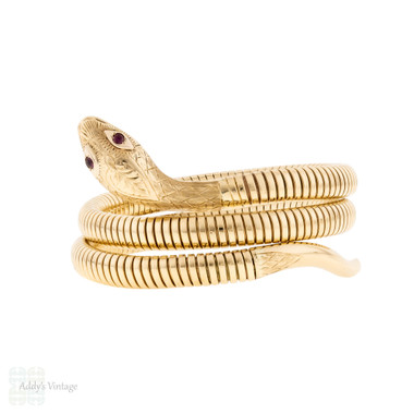 Retro 9ct Gold Snake Bangle Bracelet with Ruby Eyes by Smith & Pepper ...