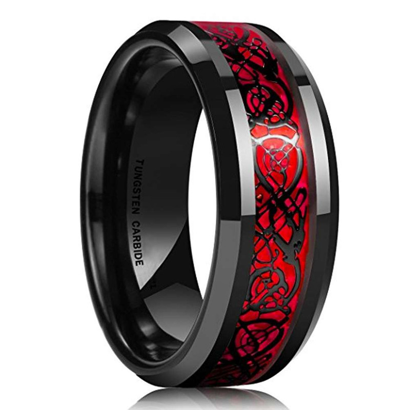 8mm Black Tungsten Mens Wedding Band Red Celtic Dragon Inlay