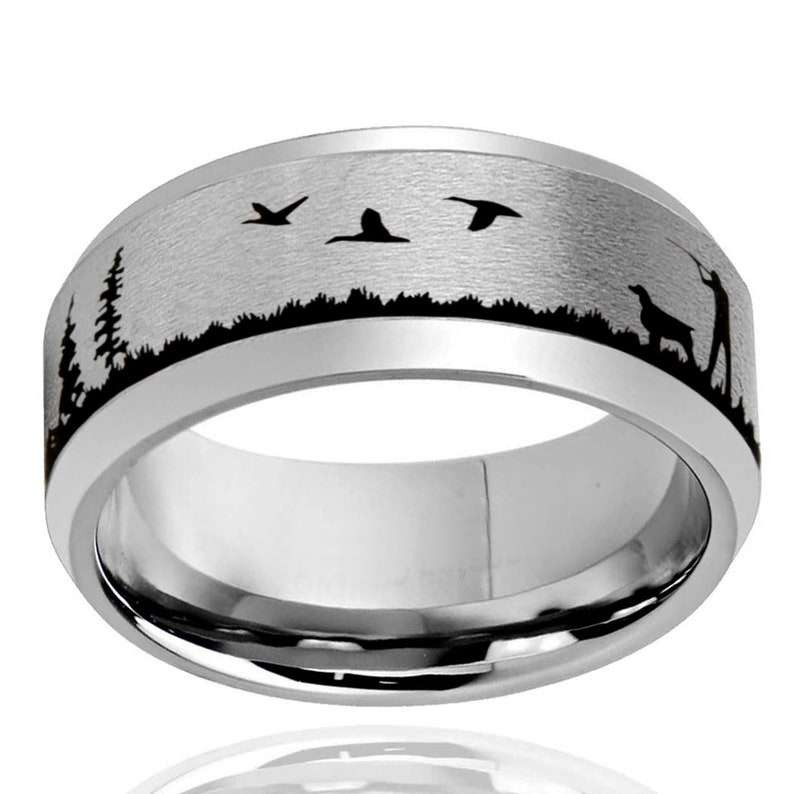 Men's Silver Tungsten Hunting Bird Duck Hunting Wedding Band