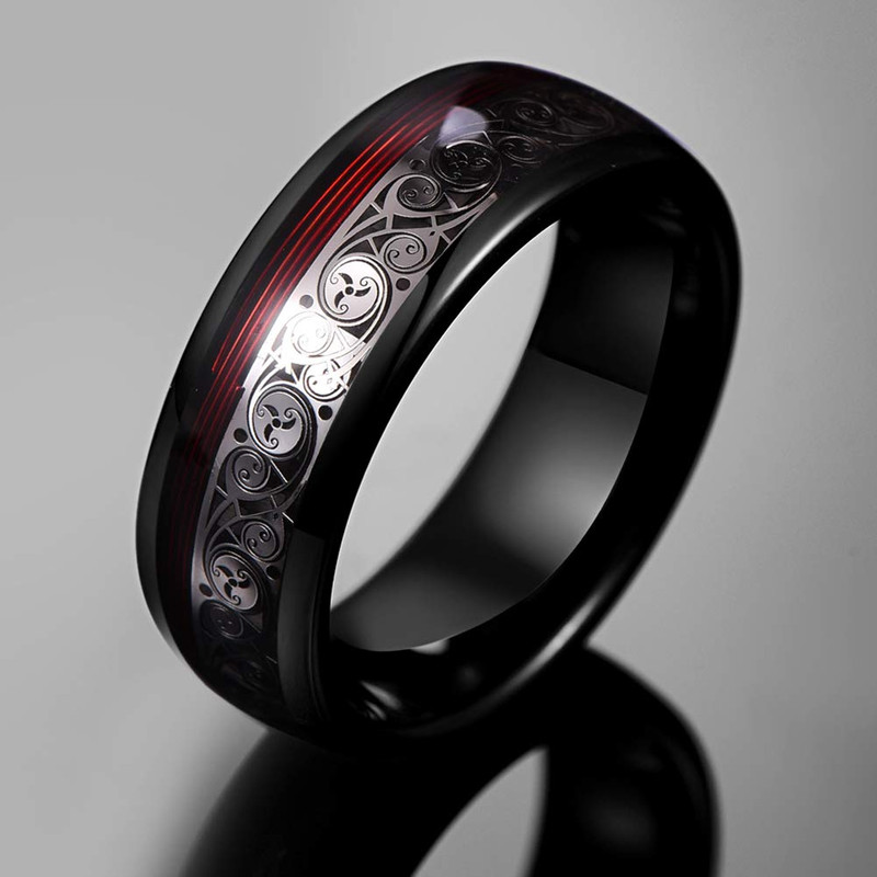 Spiral Motif Red Guitar String Black Tungsten Wedding Ring