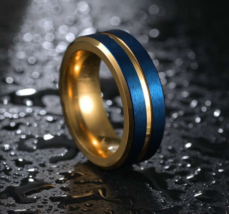 8mm Mens Blue Steel Guys Wedding Rings w/ Gold Inside & Line