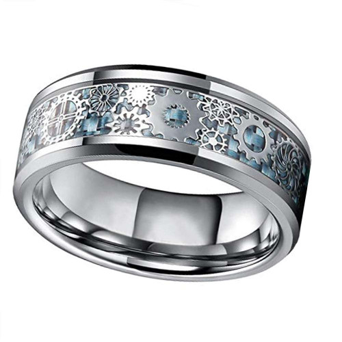 Men's Silver Tungsten Ring Clock Work Gears over Light Blue