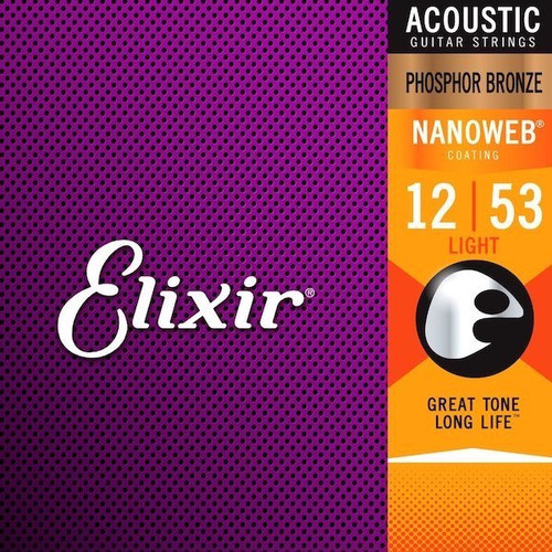 Elixir 12-53 Acoustic Guitar Strings - Phosphor Bronze Nanoweb - Tone ...