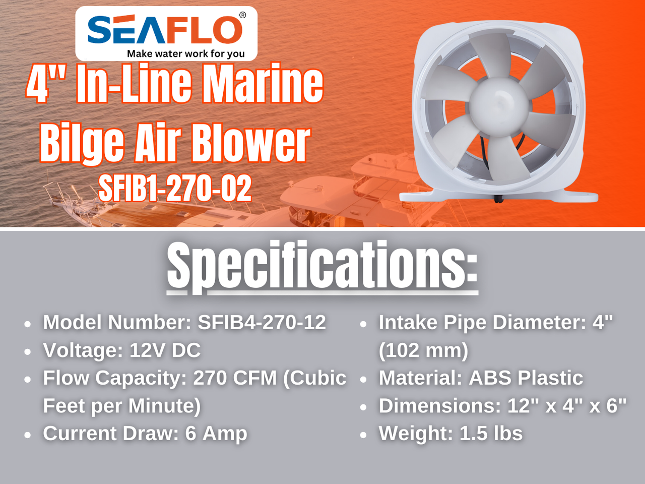SEAFLO 02-Series 4" In-Line Blower (12V | 270CFM) - Seaflo Direct