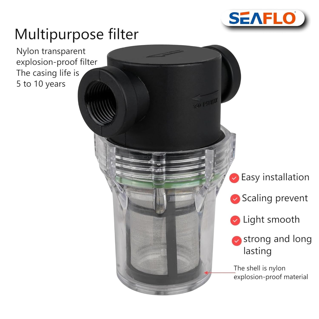 SEAFLO 1/2" Female NPT in-Line Strainer with 100 Mesh Stainless Steel ...