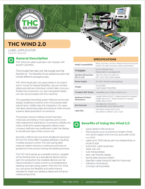 THC Wind 2.0 Label Applicator Spec Sheet