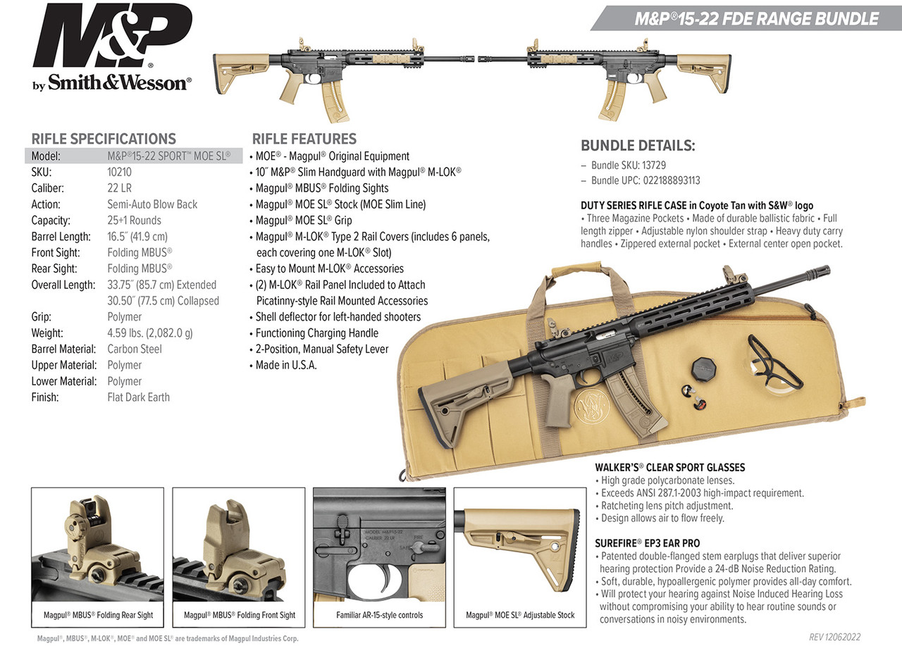 Smith & Wesson 13729 M&P15-22 Sport MOE SL Bundle 22 LR 25+1 16.
