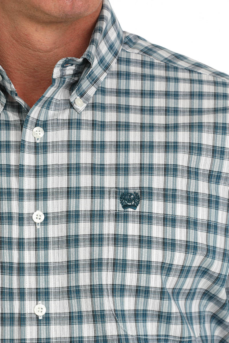 Cinch Men's Cream & Teal Plaid Short Sleeve Button Up Western Shirt