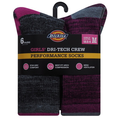 Dickies Girls' Dri-Tech Crew Performance 6 Pack Socks