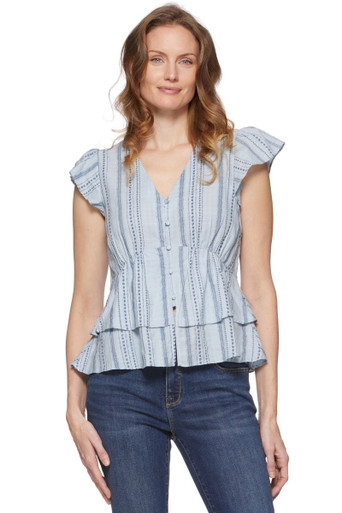 Threadgrit Womens Blue Flutter Sleeve Tiered Peplum Dobby Top