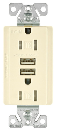 Eaton Arrow Hart TR7755LA-K Combination USB Receptacle, Light Almond, 2 ...