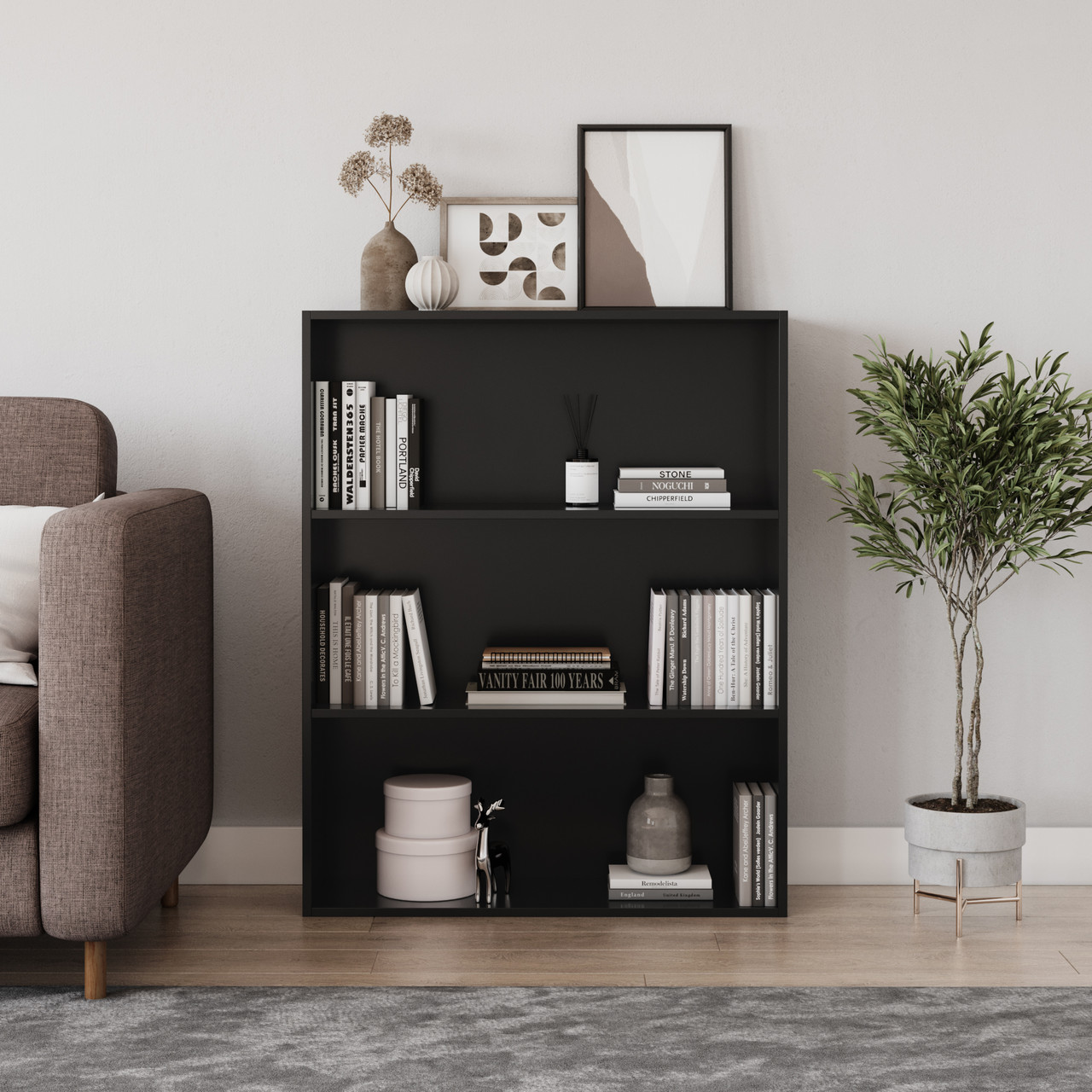 Wide 3-Tier Shelf Wooden Bookcase