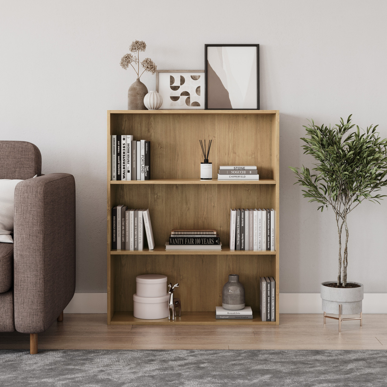 Wide 3-Tier Shelf Wooden Bookcase