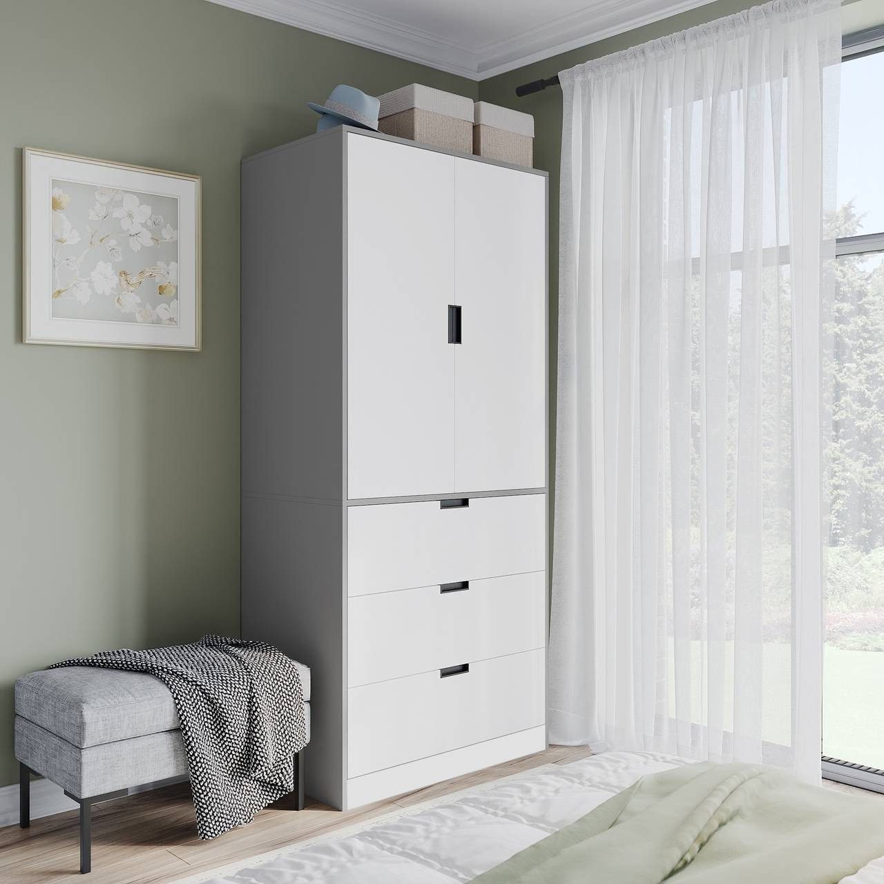 2-Door 3-Drawer Wardrobe with Storage Shelf, and Hanging Space -180x80x50cm