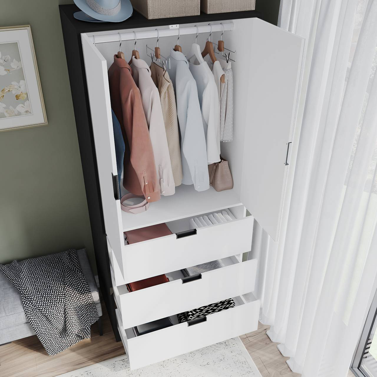 2-Door 3-Drawer Wardrobe with Storage Shelf, and Hanging Space -180x80x50cm