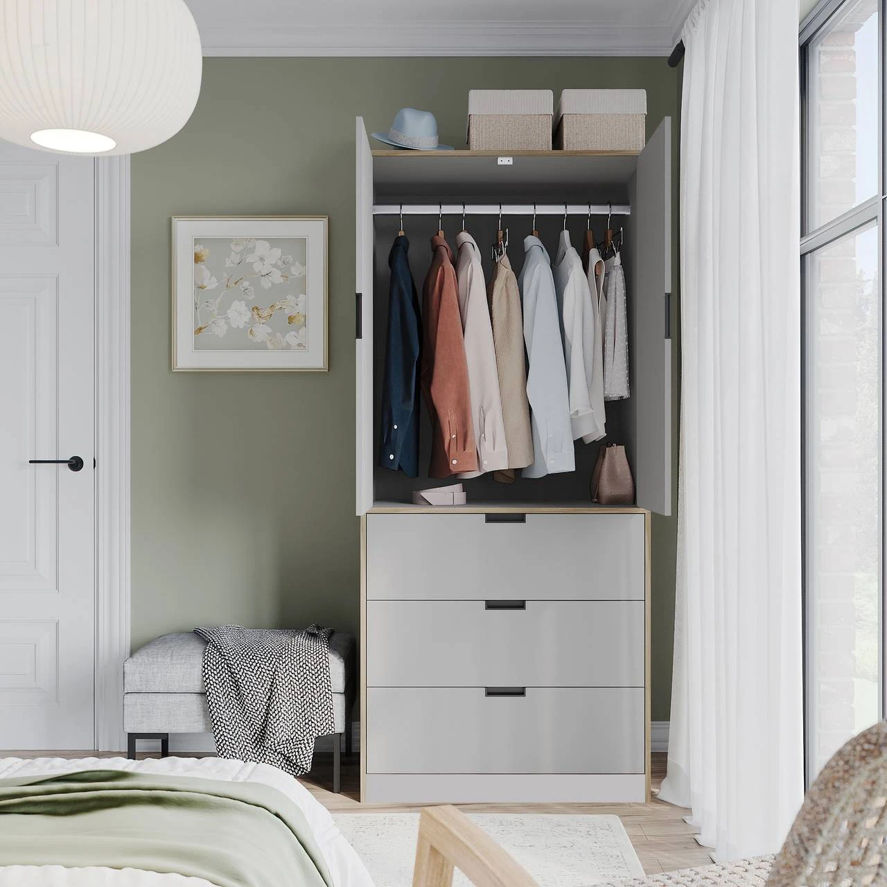 2-Door 3-Drawer Wardrobe with Storage Shelf, and Hanging Space -180x80x50cm