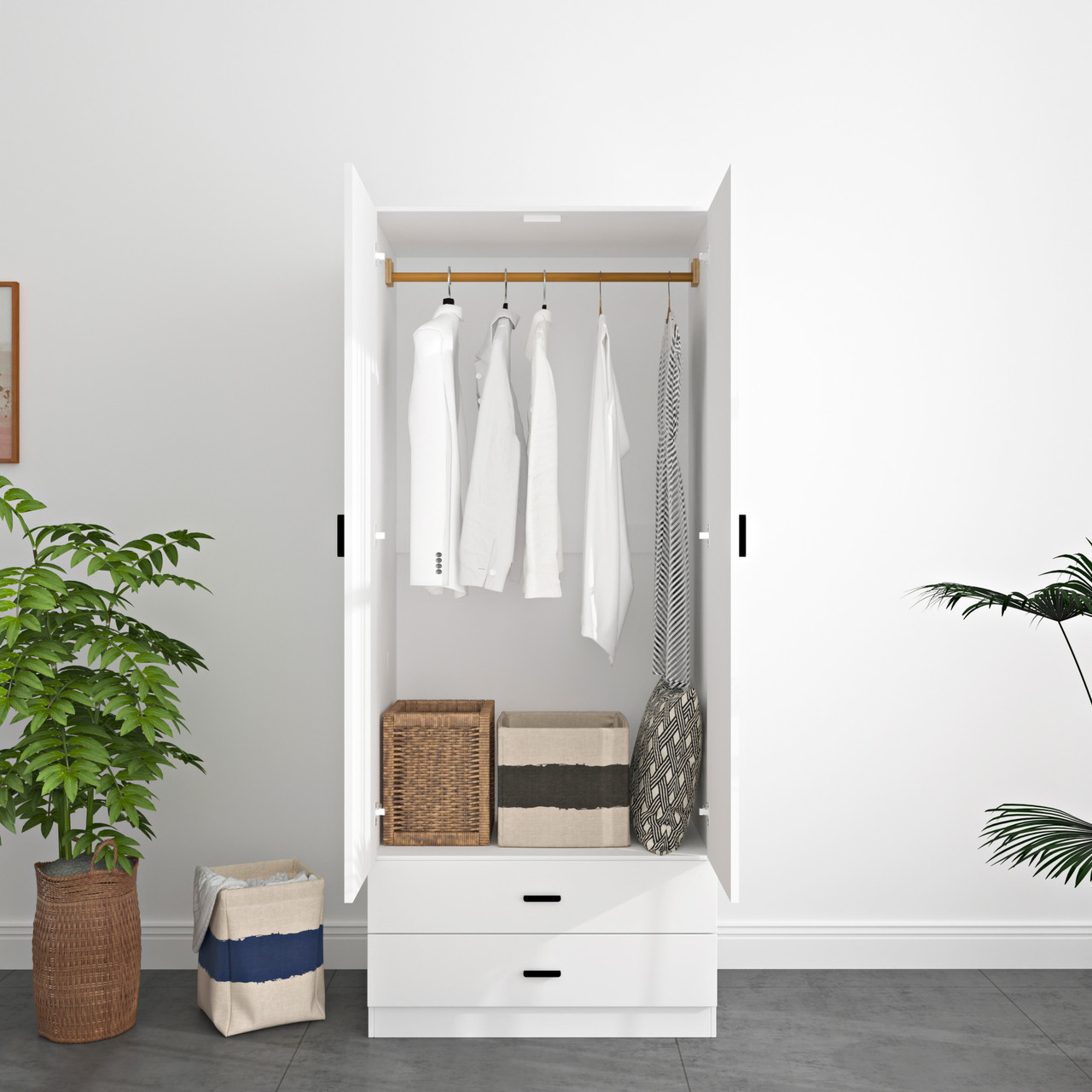 2-Door 2-Drawer Wardrobe with with Storage Shelf, and Hanging Space ...