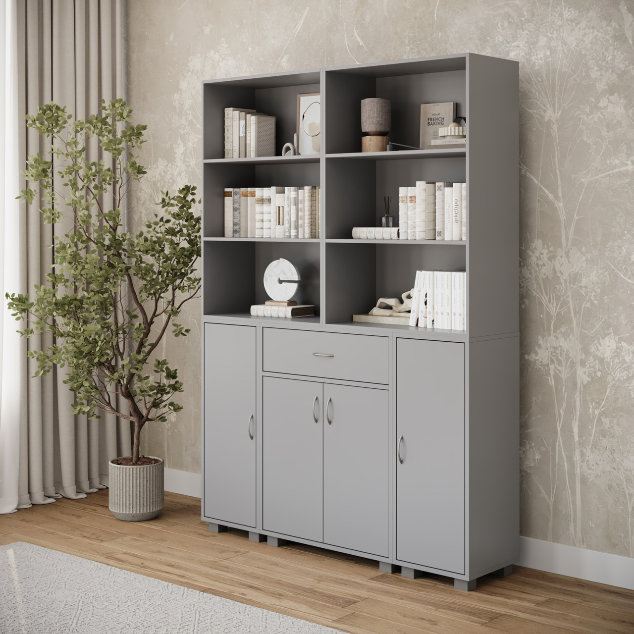 Multi-Compartment Cabinet with 3-Tier Bookshelves and 1-Drawer