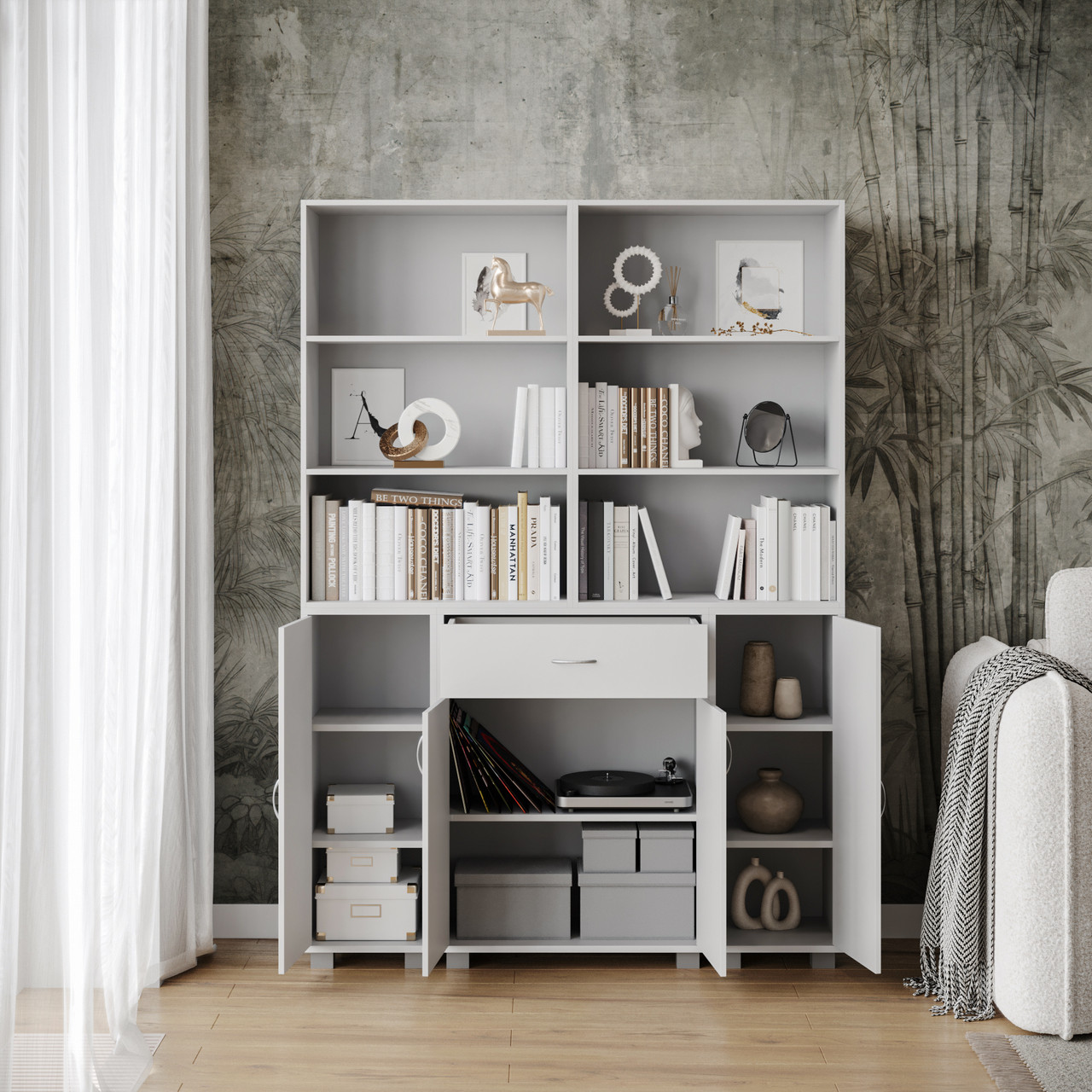 Multi-Compartment Cabinet with 3-Tier Bookshelves and 1-Drawer