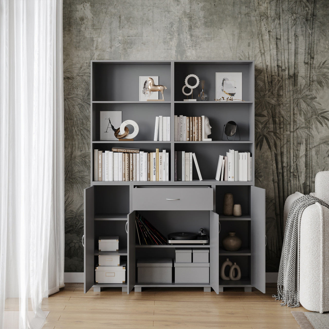 Multi-Compartment Cabinet with 3-Tier Bookshelves and 1-Drawer