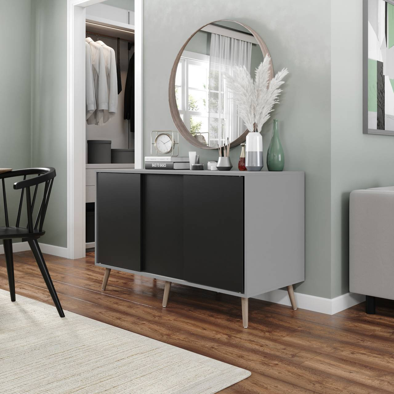 3-Door Minimalist Sliding Cabinet with Wooden Legs - 80x120x51.5cm