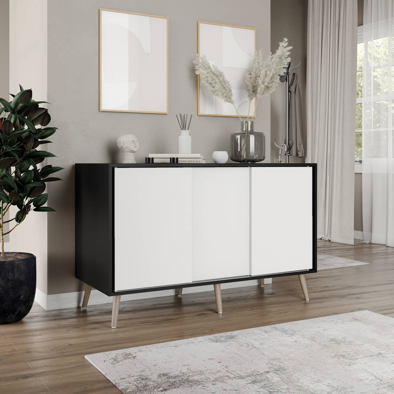 3-Door Minimalist Sliding Cabinet with Wooden Legs - 80x120x51.5cm