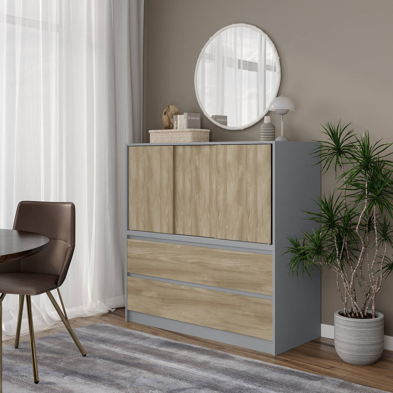 Minimalist 3 Sliding Door 4 Drawer Storage Cabinet - 120x120x51.5cm