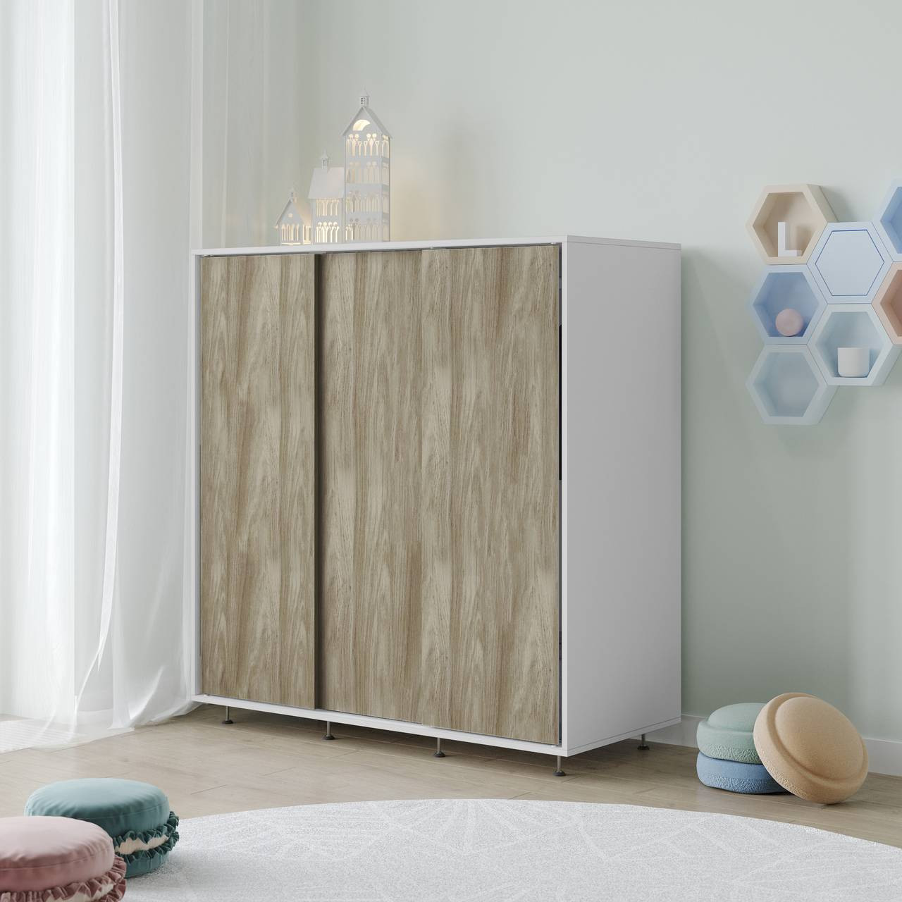 Minimalist 3 Sliding Door Storage Cabinet - 120x120x51.5cm