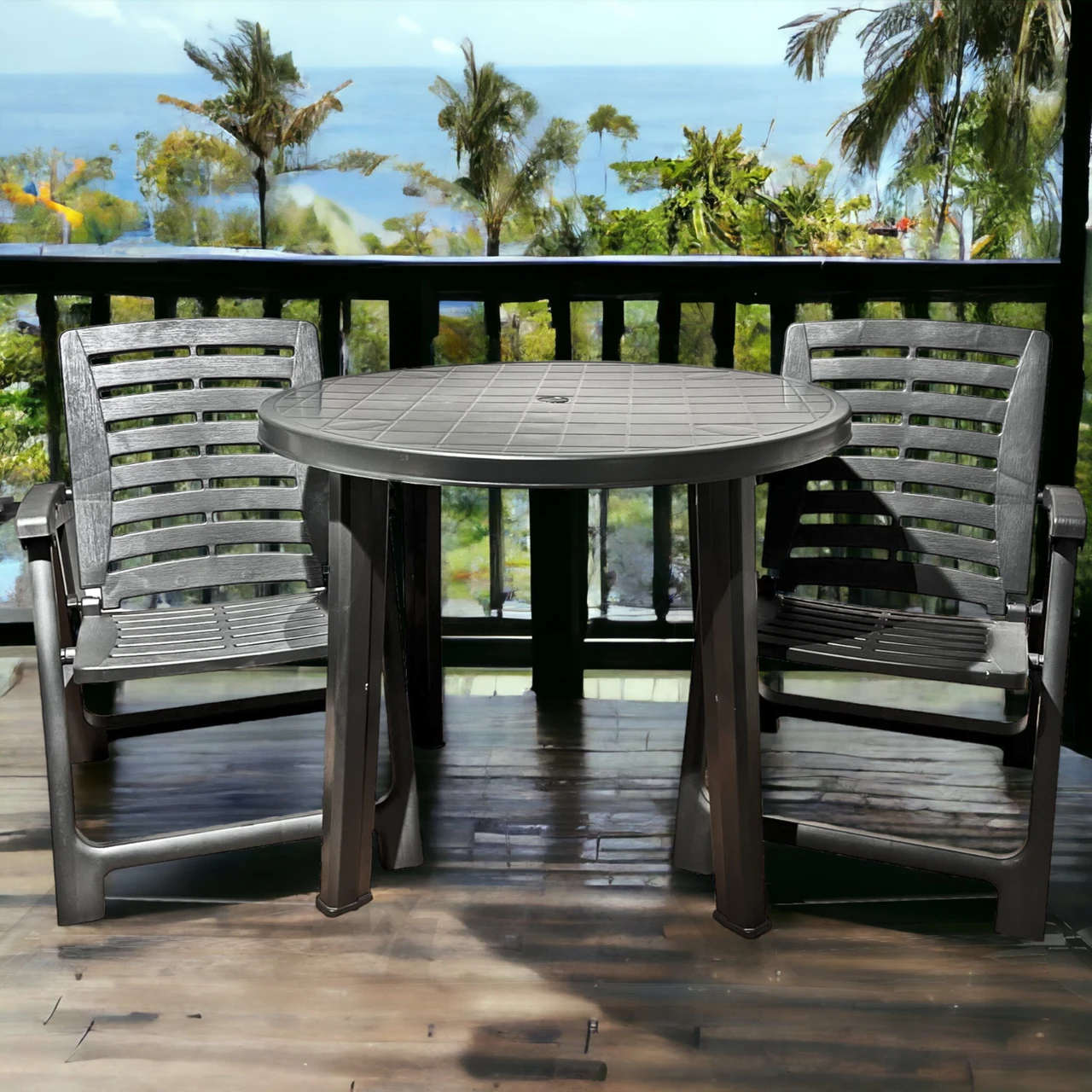 Black Plastic Garden Table with Folding Chairs
