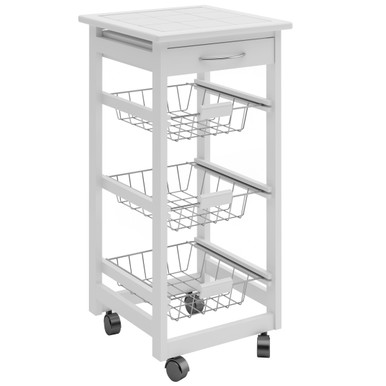 White Tile Top Kitchen Island Trolley Cart with Drawer and Basket Storage
